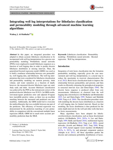 Pdf Integrating Well Log Interpretations For Lithofacies Classification And Permeability