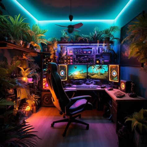 Premium Ai Image Gaming Computer Setup Rgb Lighting And Curved Monitor Gaming Chair Rgb