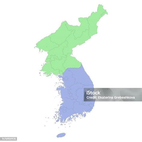แผนที่การเมืองคุณภาพสูงของเกาหลีใต้และเกาหลีเหนือที่มีพรมแดนของภูมิภาคหรือจังหวัด ภาพประกอบสต็อก