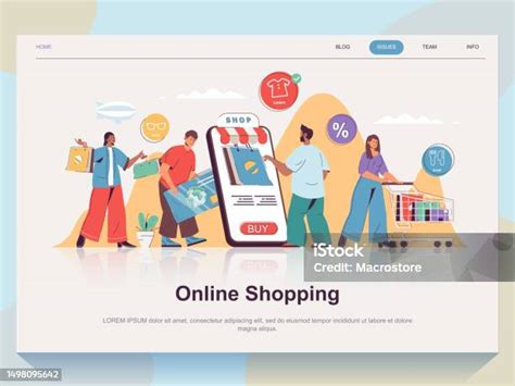 플랫 디자인의 랜딩 페이지에 대한 온라인 쇼핑 웹 개념입니다 남자와 여자는 구매하고 배달을 주문하고 신용 카드로 지불합니다 웹