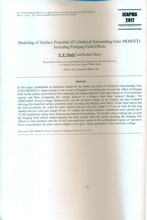 Pdf Modeling Of Surface Potential Of Cylindrical Surrounding Gate Mosfets Including Fringing