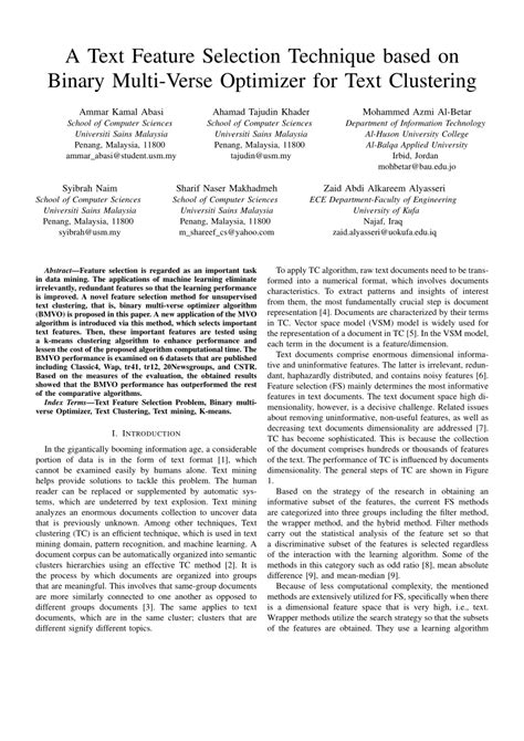 Pdf A Text Feature Selection Technique Based On Binary Multi Verse Optimizer For Text Clustering