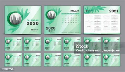 캘린더 20202021 설정 책상 달력 2020 템플릿 벡터 커버 디자인 12 개월 세트 주 시작 일요일 문구 플래너 인쇄 아름다움 개념 녹색 꽃 배경 창조적 인 아이디어