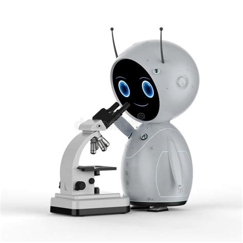 Robot With Microscope 3d Rendering Robot Working On Microscope On White Backgro Spon