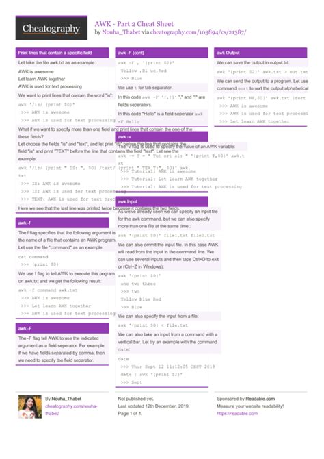 Awk Part 2 Cheat Sheet By Nouha Thabet Download Free From Cheatography