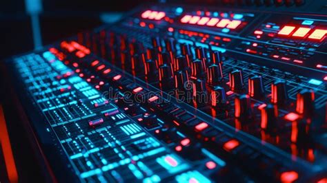 Professional Audio Mixer With Illuminated Knobs And Faders In Red And Blue Stock Image Image