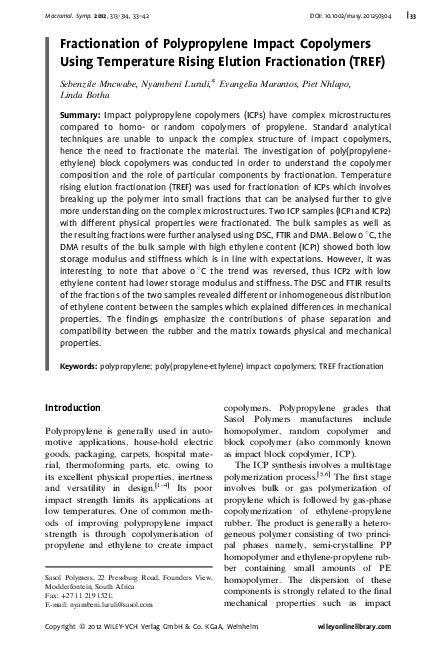 Pdf Fractionation Of Polypropylene Impact Copolymers Using Temperature Rising Elution
