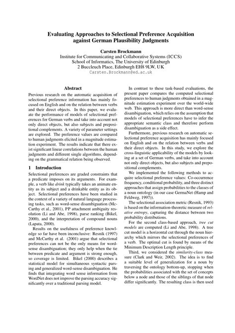 Pdf Evaluating Approaches To Selectional Preference Acquisition Against German Plausibility