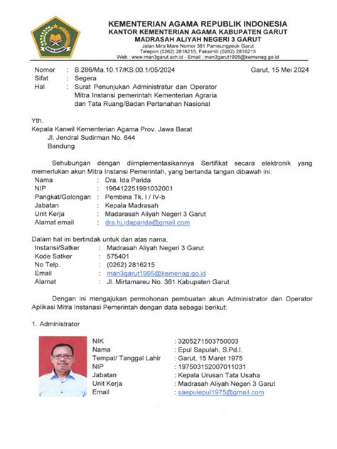 surat penunjukan admin and operator mitra instansi atr bpn man 3 pdf
