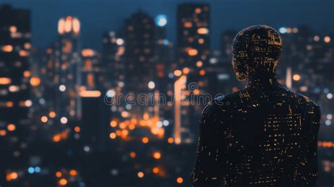 A Humanoid Figure Composed Of Circuit Like Patterns And Illuminated Grid Lines Stock