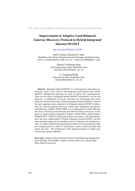 Pdf Improvement Of Adaptive Load Balanced Gateway Discovery Protocol