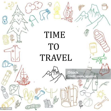 손으로 그린 스케치 캠핑 장비 기호 및 아이콘의 집합입니다 벡터 일러스트입니다 고립 색상에 대한 스톡 벡터 아트 및 기타 이미지 고립 색상 관광 관광객 Istock