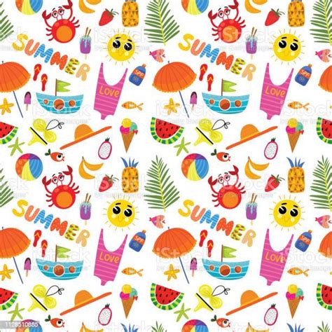 손으로 그린 요소와 다채로운 원활한 여름 패턴선글라스 팜 수 박 가방 우산 아이스크림 등 패션 인쇄 디자인 벡터 일러스트 레이 션 빅 아일랜드 하와이 제도에 대한 스톡 벡터