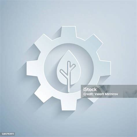 회색 배경에 격리 된 기어 기계 아이콘에 종이 컷 잎 식물 생태 친환경 기술 세계 환경의 날 라벨 종이 아트 스타일 벡터 3차원 형태에 대한 스톡 벡터 아트 및 기타 이미지