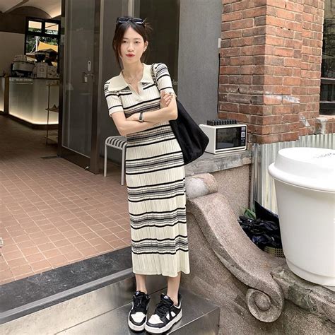 발리 여름 카라 배색 단가라 스트라이프 슬림 세미 H라인 반팔 데일리 여름 바캉스 휴양지 롱 니트 원피스