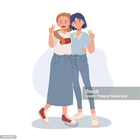 가장 친한 친구 소녀 친구들은 함께 포옹합니다 함께 가장 친한 친구 벡터 일러스트 레이 션 2명에 대한 스톡 벡터 아트 및 기타