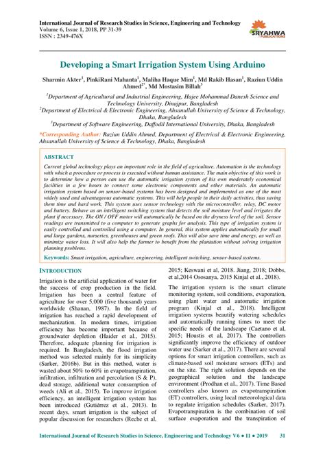 Pdf Developing A Smart Irrigation System Using Arduino