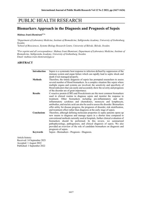 Pdf Biomarkers Approach In The Diagnosis And Prognosis Of Sepsis A Review