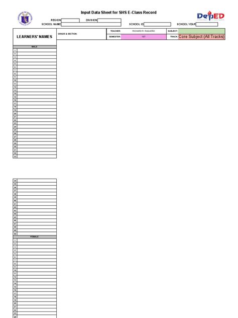 Senior High School Class Record Sheet Pdf Learning Behavior