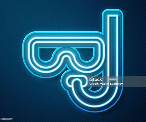 빛나는 네온 라인 다이빙 마스크와 파란색 배경에 격리 스노클링 아이콘 익스트림 스포츠 다이빙 수중 장비 벡터 일러스트레이션 고무에 대한 스톡 벡터 아트 및 기타 이미지