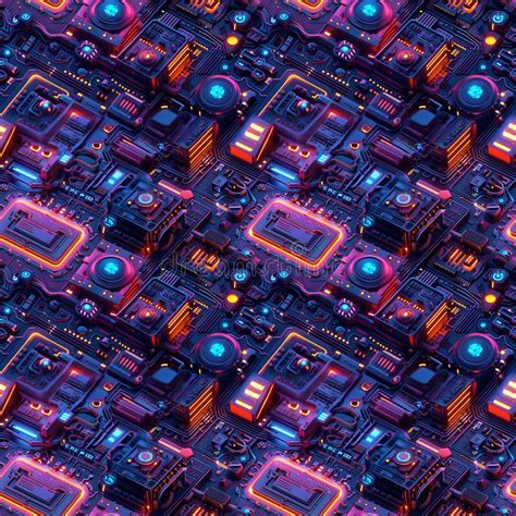 Futuristic Circuit Board With Neon Lights And Glowing Components Stock Illustration