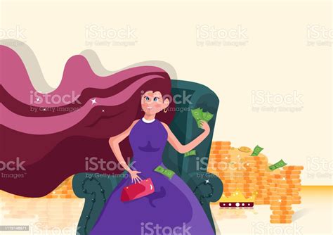 돈의 큰 더미와 소녀 사람들 만화 캐릭터 비즈니스 개념 젊은 여자 아름답고 성공적인 평면 스타일 벡터 계획에 대한 스톡 벡터 아트 및 기타 이미지 Istock
