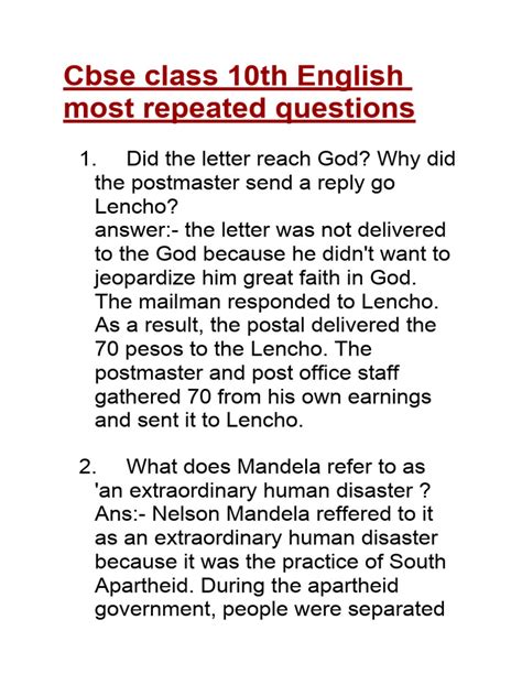 Cbse Class 10th English Most Repeated Questions Pdf Hail Nelson