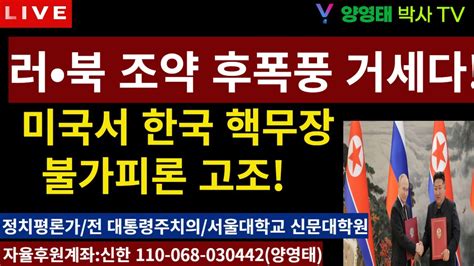 러•북 조약 후폭풍 거세다 미국서 한국 핵무장 불가피론 고조 2024 06 23 Youtube