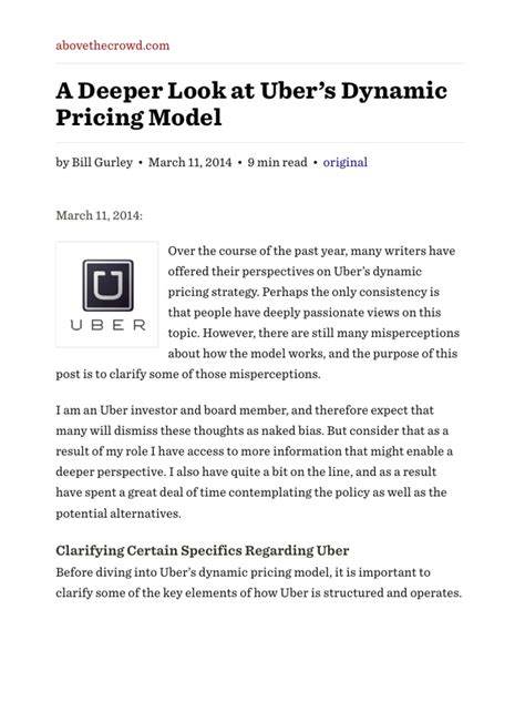 A Deeper Look At Ubers Dynamic Pricing Model Abovethecrowd Pdf Uber Company Demand