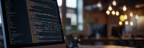 Close Up Of Computer Screen Displaying Colorful Lines Of Code With Blurred Office Background