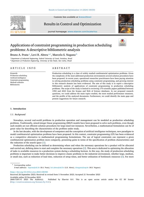 Pdf Applications Of Constraint Programming In Production Scheduling Problems A Descriptive