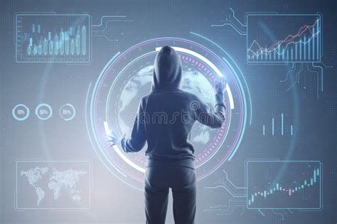Back View Of Hacker Using Digital Business Interface On Gray Background