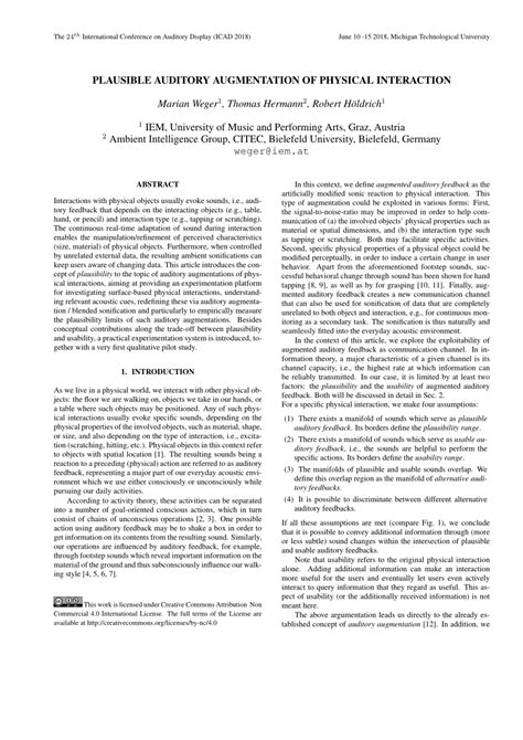 Pdf Plausible Auditory Augmentation Of Physical Interaction