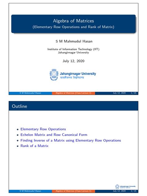 Elementary Row Operations And Rank Of Matrix Handout Pdf Matrix