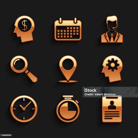 지도 핀 스톱워치 식별 배지 기어가 들어있는 사람의 머리 시계 및 돋보기 아이콘을 설정합니다 벡터 개념에 대한 스톡 벡터 아트 및 기타 이미지 Istock