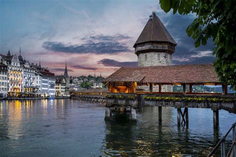 Chapel Bridge In The Historic City Center Of Lucerne Switzerland Stock