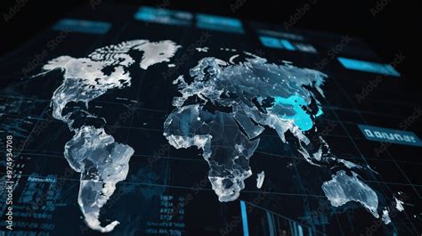 Futuristic Digital World Map With Data Visualization Highlighting Regions In Asia Stock