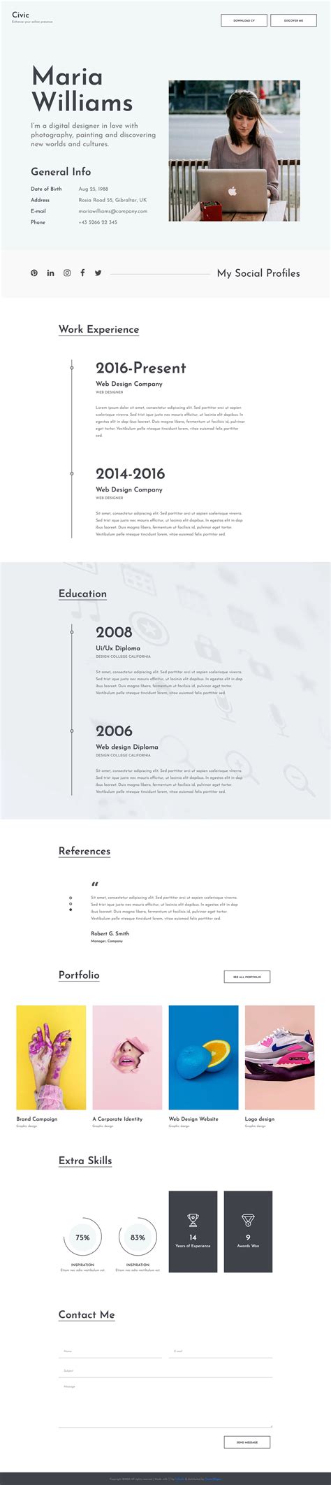Civic Free Minimalist Bootstrap One Pager Resume Cv Website Template