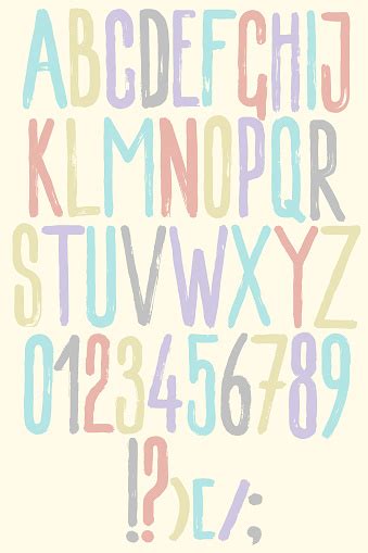 알파벳 손으로 그린 그래픽 페인트 브러시 텍스처 문자와 숫자 파스텔 색상 알파벳에 대한 스톡 벡터 아트 및 기타 이미지