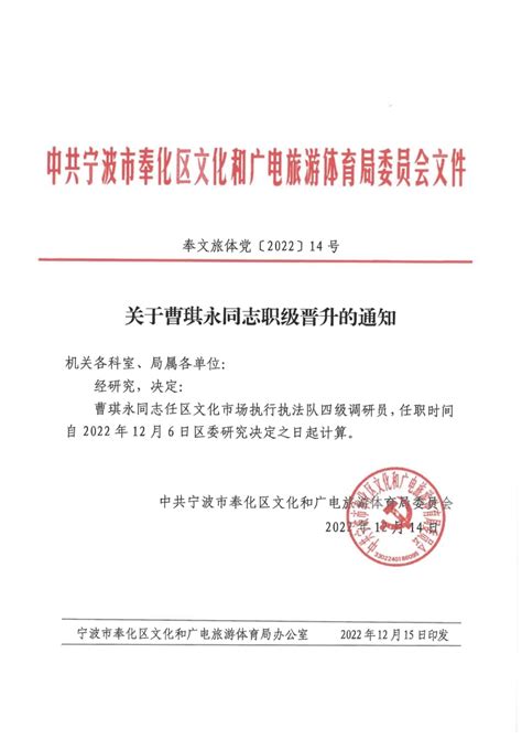 关于曹琪永同志职级晋升的通知
