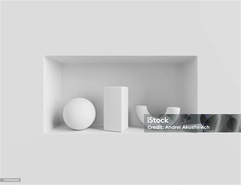 틈새와 기하학적 모양으로 흰색 벽을 3d 렌더링합니다 구형 직사각형 갤러리 또는 스튜디오 룸의 절반 토러스 건축 및 실내 장식 요소가있는 직사각형 선반 3차원 형태에 대한