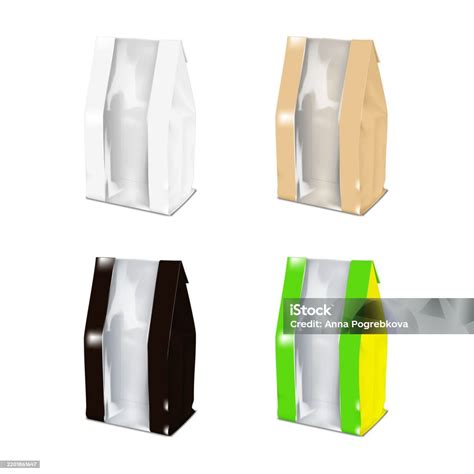 명확한 플라스틱 창을 가진 음식 종이 봉지 사실적인 3d 벡터 모형 세트 화이트 크래프트 블랙 2색 목업 쉽게 편집할 수 있습니다 투명한 창을 가진 편평한 바닥 거싯 주머니