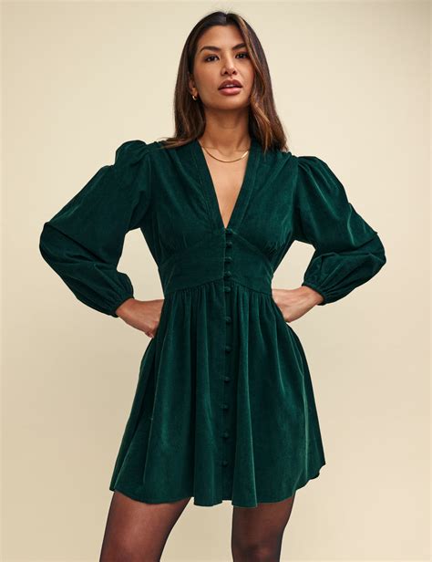 Dark Green Cord Long Sleeve Starlight Mini Dress