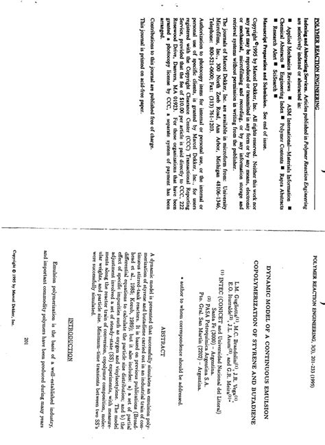 Pdf Dynamic Model Of A Continuous Emulsion Copolymerization Of Styrene And Butadiene