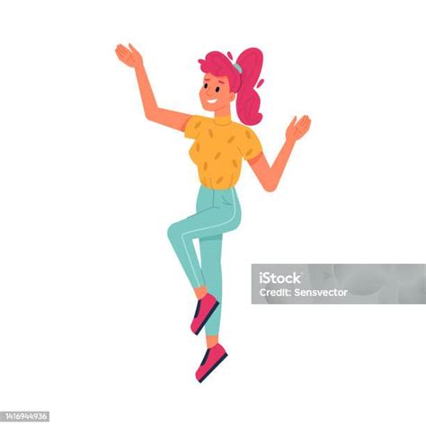 행복한 사람이 뛰어 오르고 기쁨과 재미로 웃으며 손을 위로 올리고 벡터 플랫 일러스트레이션 어린 소녀 또는 여자 남자 점프 자유 즐기기 우정 축하 성공과 기쁨 행복 가공의