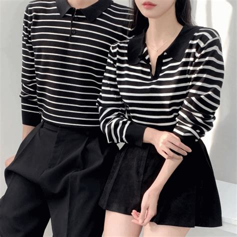 Modern 단가라 카라 니트 시밀러 2color 2000 여리핏 허리잘록 스트라이프 배색 캠퍼스룩 간절기 올드머니 슬림핏 커플 시밀러 데이트 에이블리