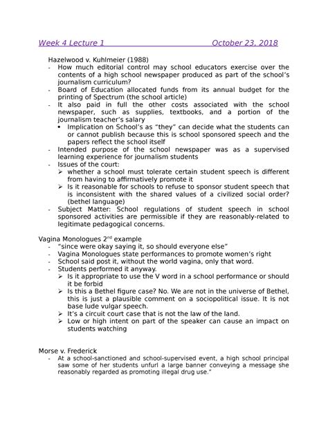 Week 4 Lectures Lecture Notes 4 5 Week 4 Lecture 1 October 23 2018 Hazelwood V Kuhlmeier