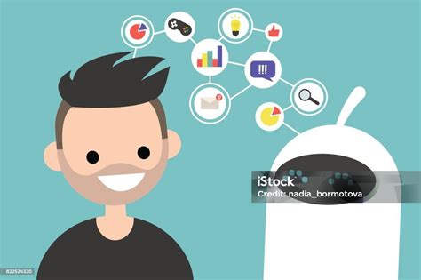 데이터 전송 개념 그림 인간과 로봇 통신 합니다 새로운 기술입니다 평면 편집 가능한 벡터 일러스트 레이 션 클립 아트 로봇에 대한 스톡 벡터 아트 및 기타 이미지 Istock