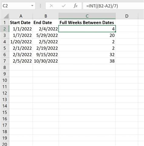 Excel Calculate The Number Of Weeks Between Dates
