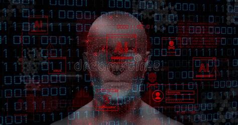 ai and virus warnings over human head with binary code background stock
